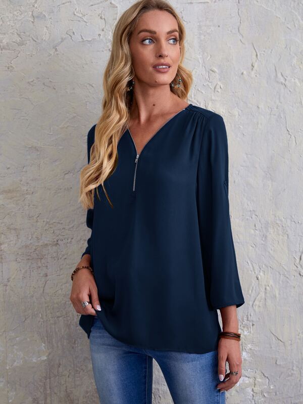 EMERY ROSE Zip Front Rolled Tab Sleeve Top | SHEIN USA