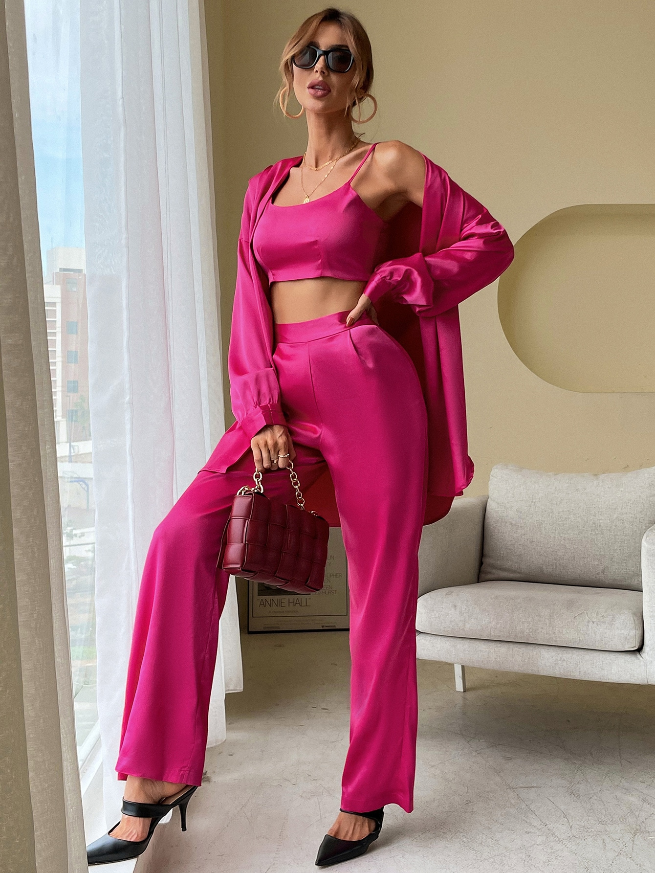 Drop Shoulder Satin Coat & High Waist Slant Pocket Pants With Camisole