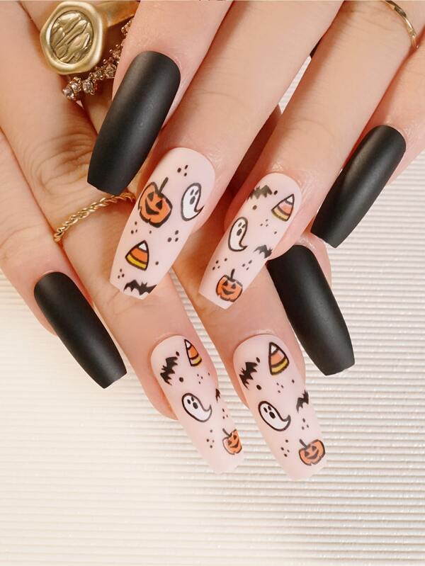 24pcs Halloween Cartoon Graphic Fake Nail & 1sheet Tape & 1pc Nail File ...