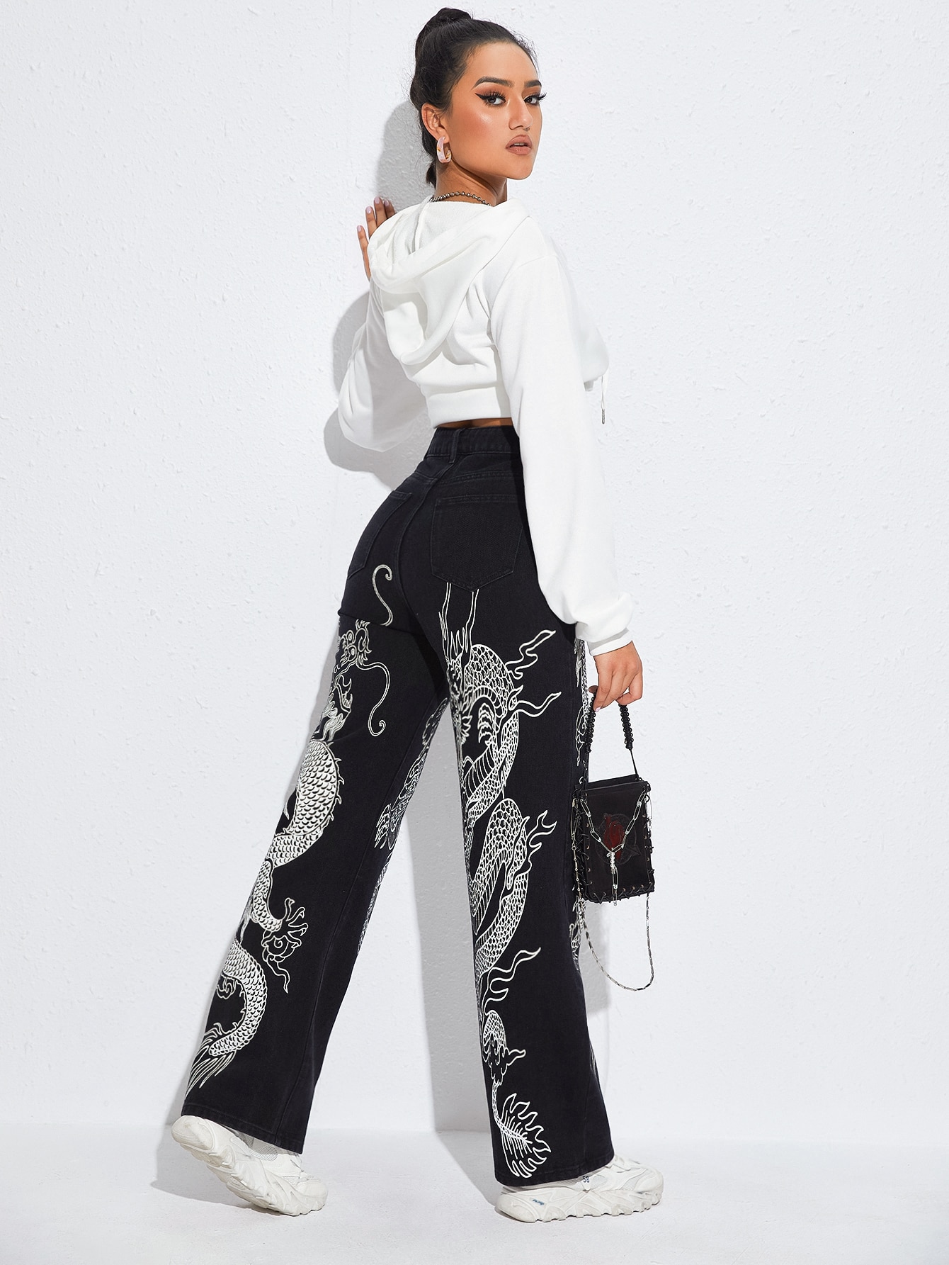 SHEIN EZwear Chinese Dragon Print Jeans | SHEIN UK