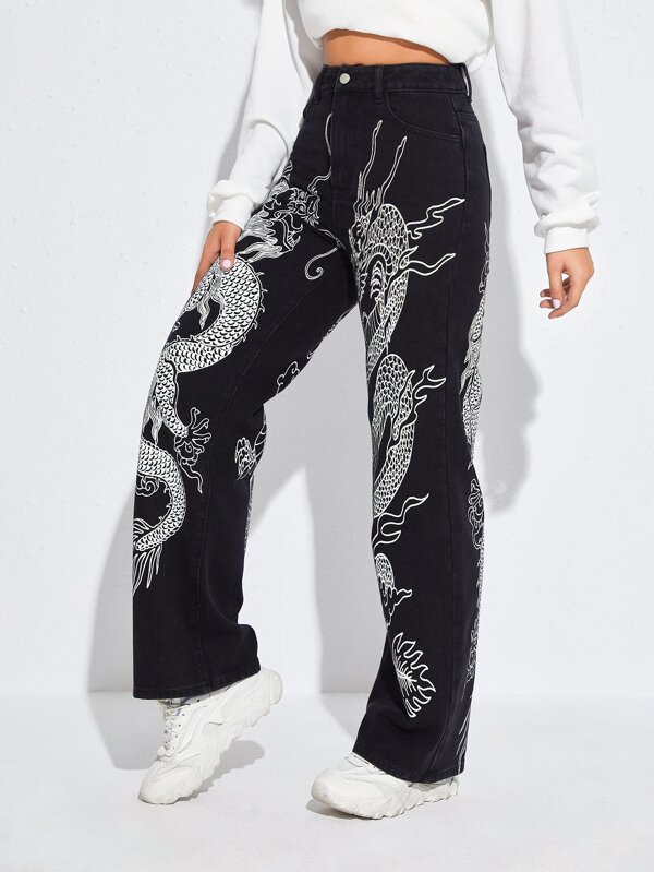 SHEIN EZwear Chinese Dragon Print Jeans | SHEIN USA