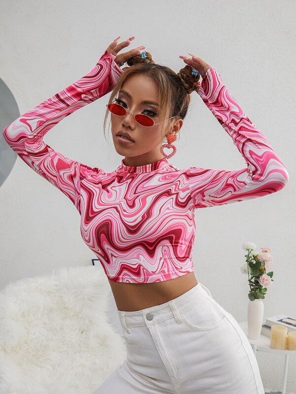 Marble Print Mock Neck Crop Tee Shein Usa
