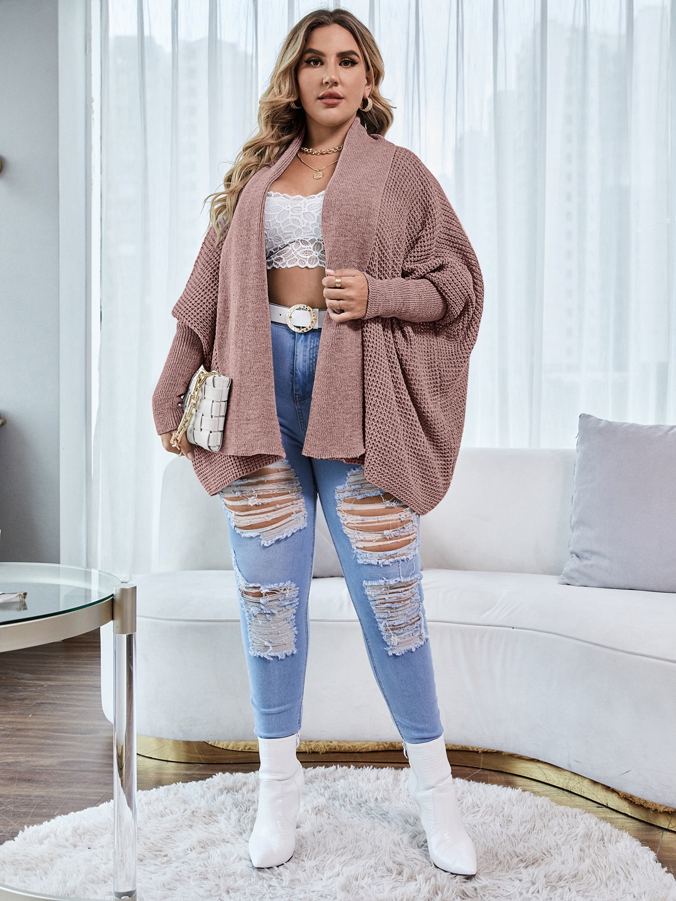 SHEIN Frenchy Plus Solid Batwing Sleeve Open Front Cardigan | SHEIN USA