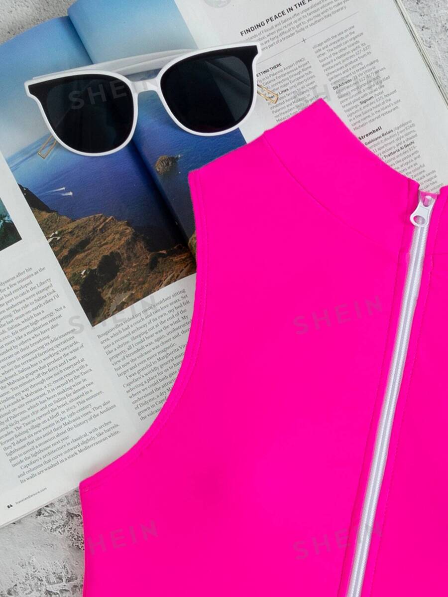 Shein Swim Sprty Solid Zip Front One Piece Swimsuit Shein Uk