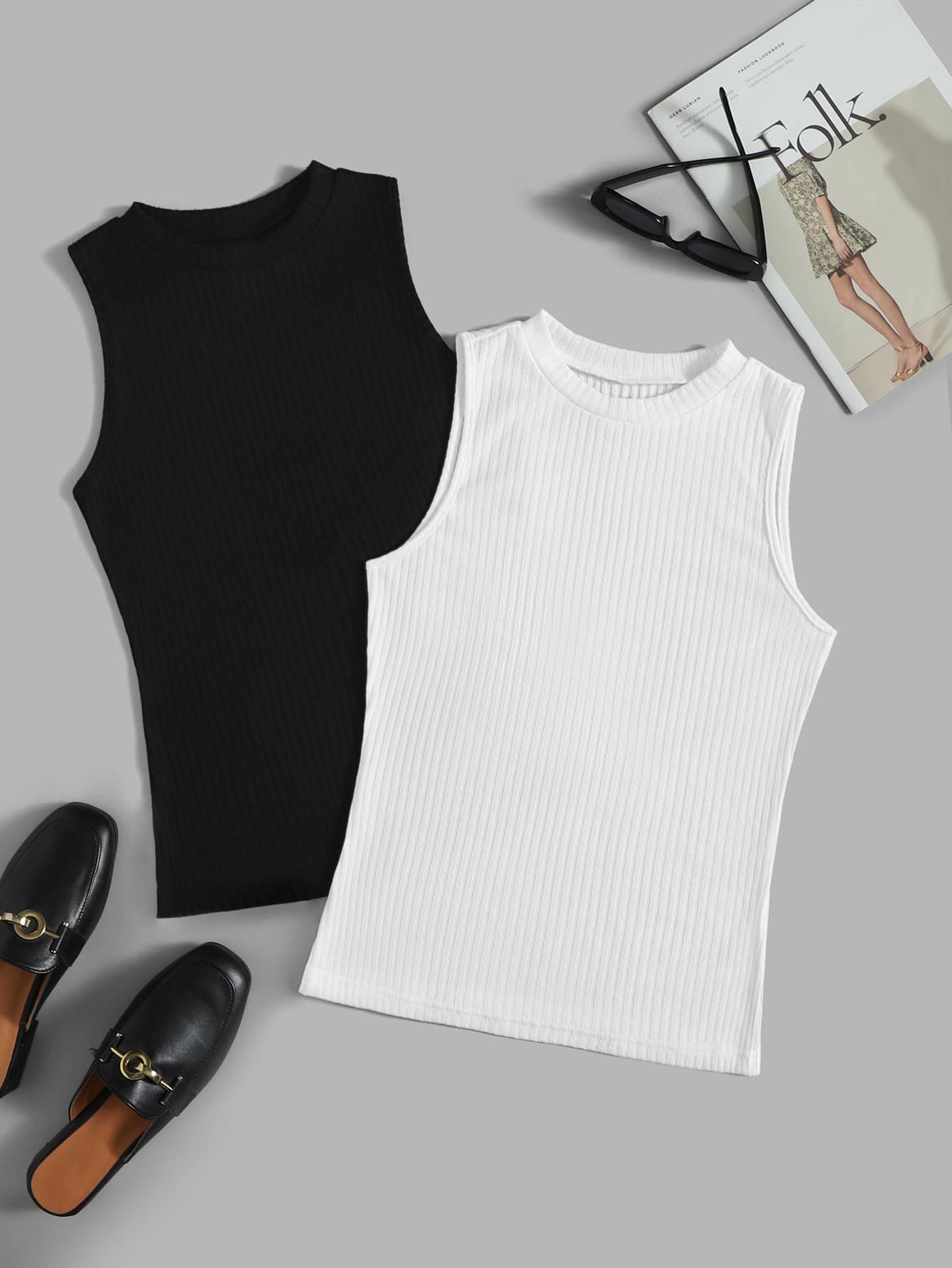 Shein Ezwear 2 Piezas Top Tank Unicolor Tejido De Canalé Moda De