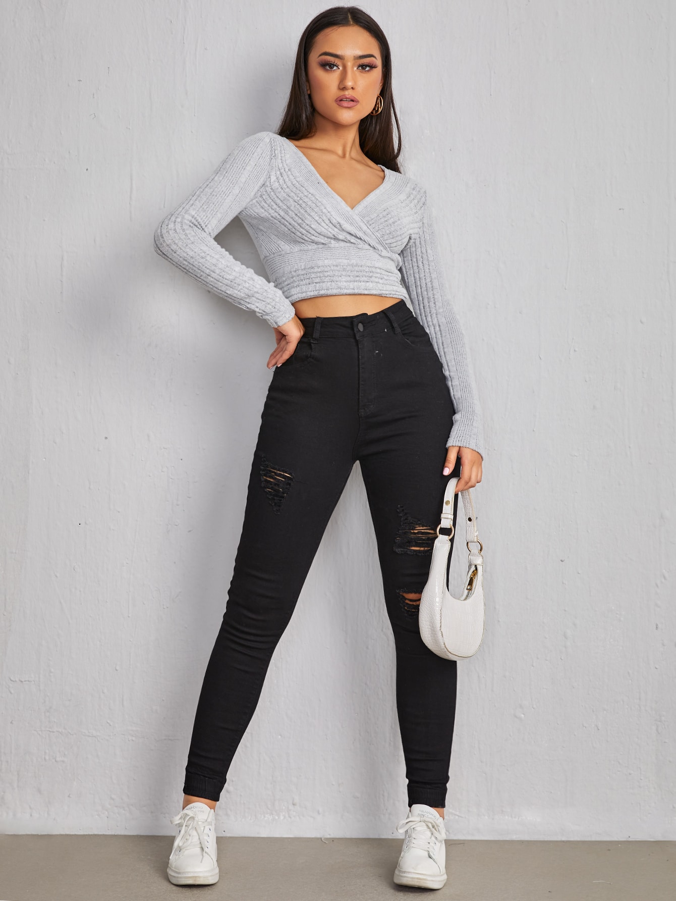 Shein Surplice Neck Rib Knit Crop Tee Shein Usa