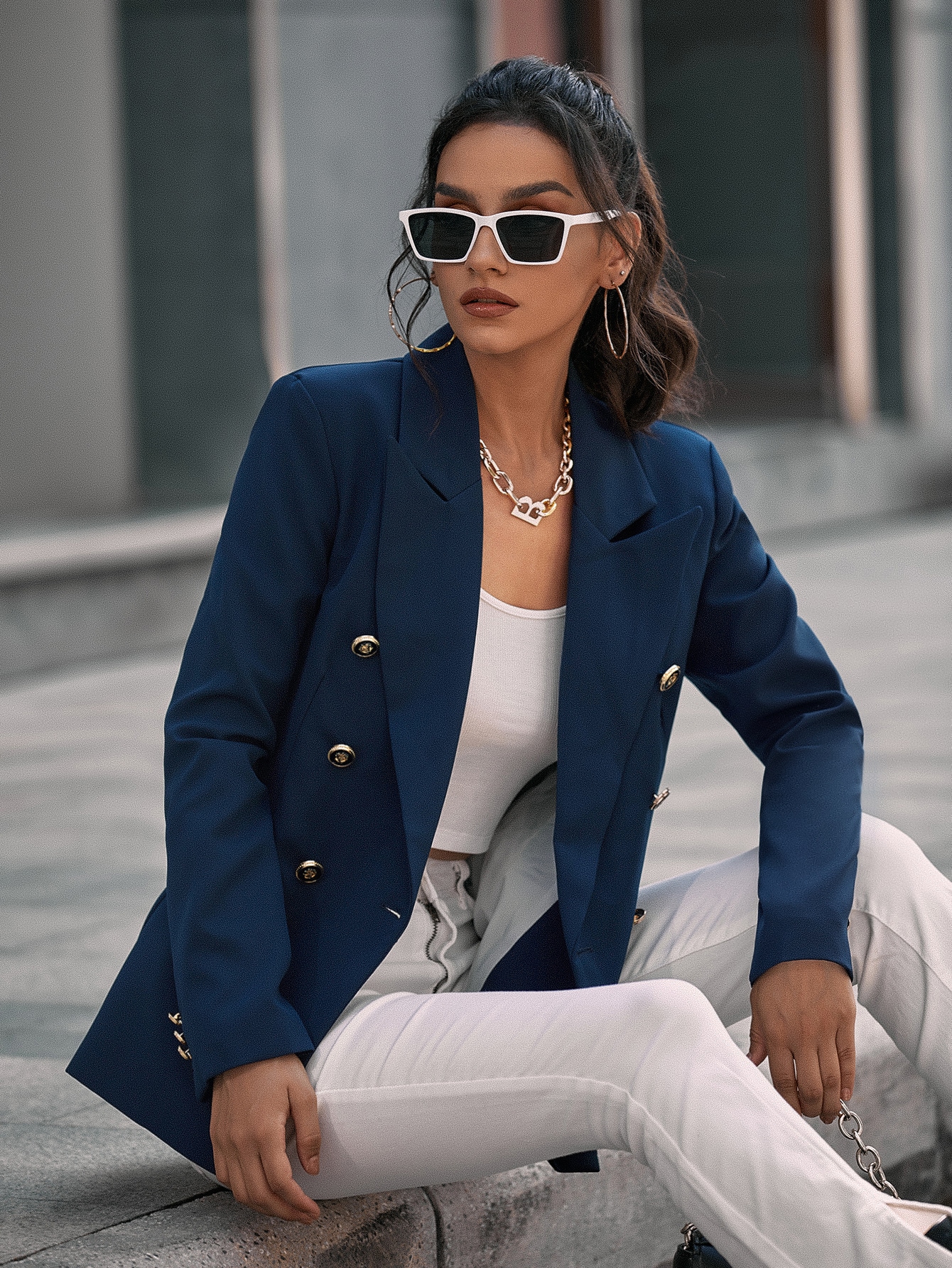 SHEIN BIZwear Double Breasted Decor Pocket Blazer Workwear | SHEIN UK