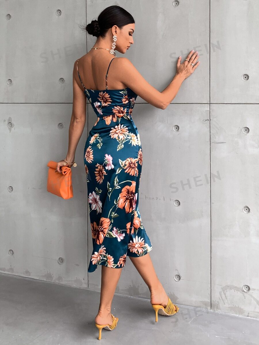 SHEIN Privé Floral Print Drape Neck Split Thigh Satin Dress | SHEIN UK