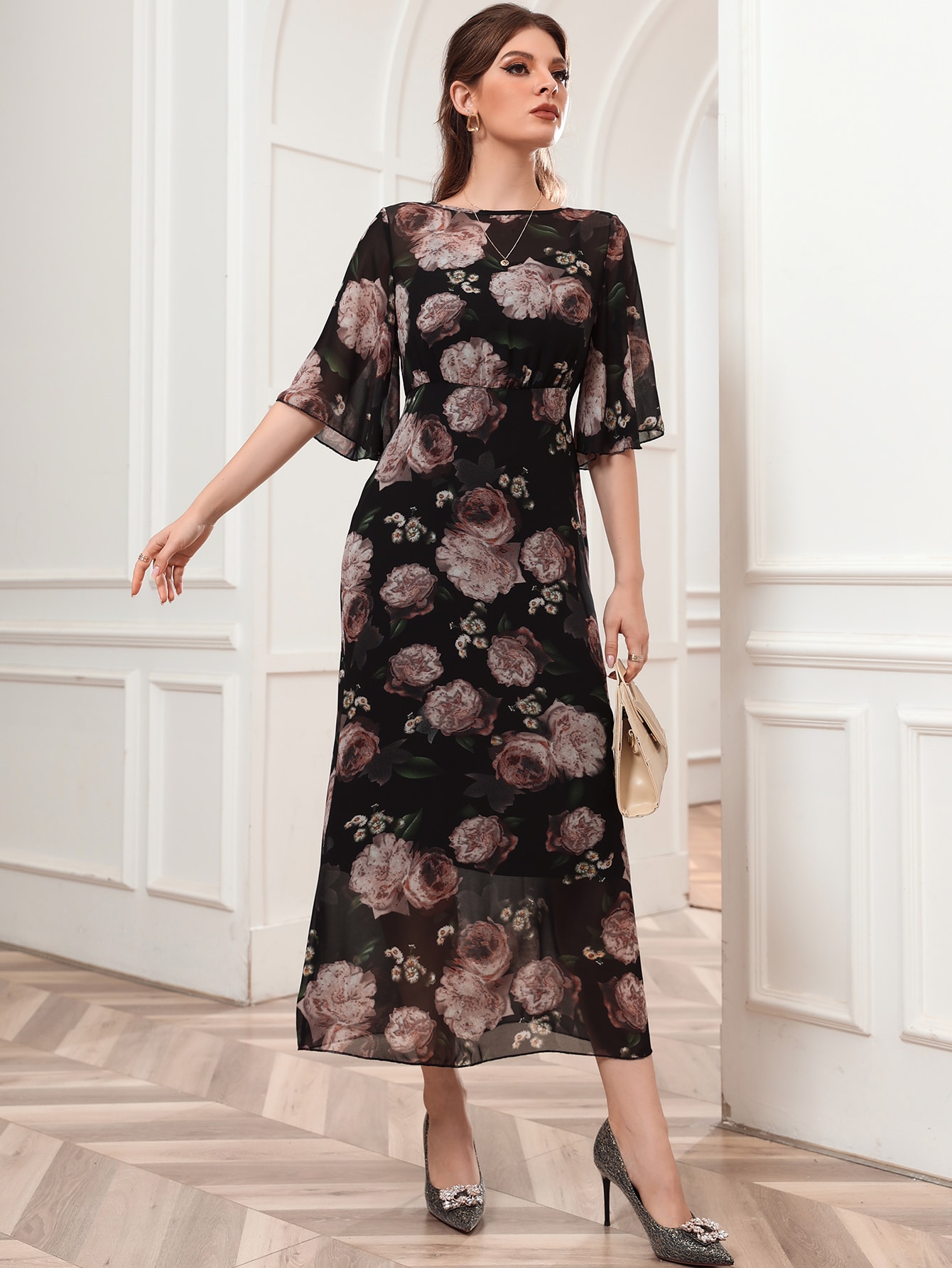 Shein Mulvari Floral Print Flounce Sleeve Dress Shein Uk