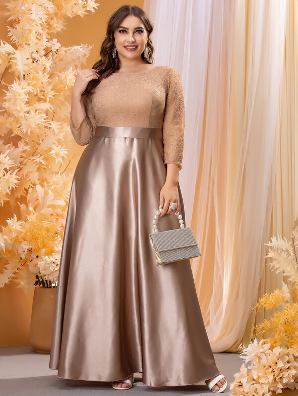 SHEIN Modely Plus Lace Panel Satin Prom Dress | SHEIN USA