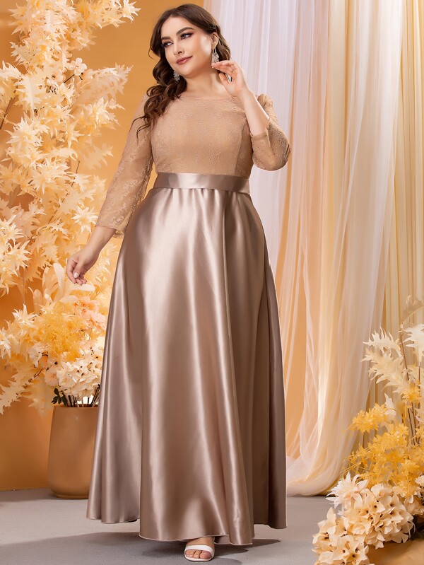 SHEIN Modely Plus Lace Panel Satin Prom Dress | SHEIN USA