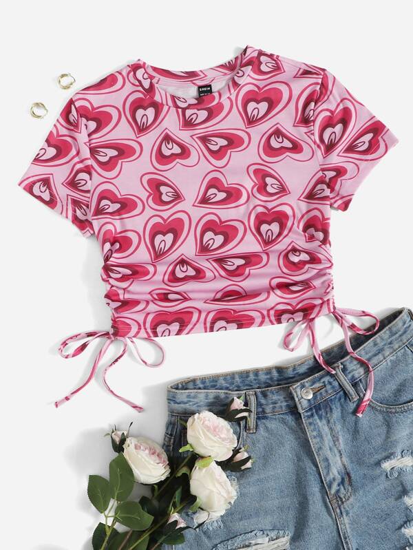 SHEIN Qutie 90s Ruched Drawstring Side Heart Top | SHEIN USA