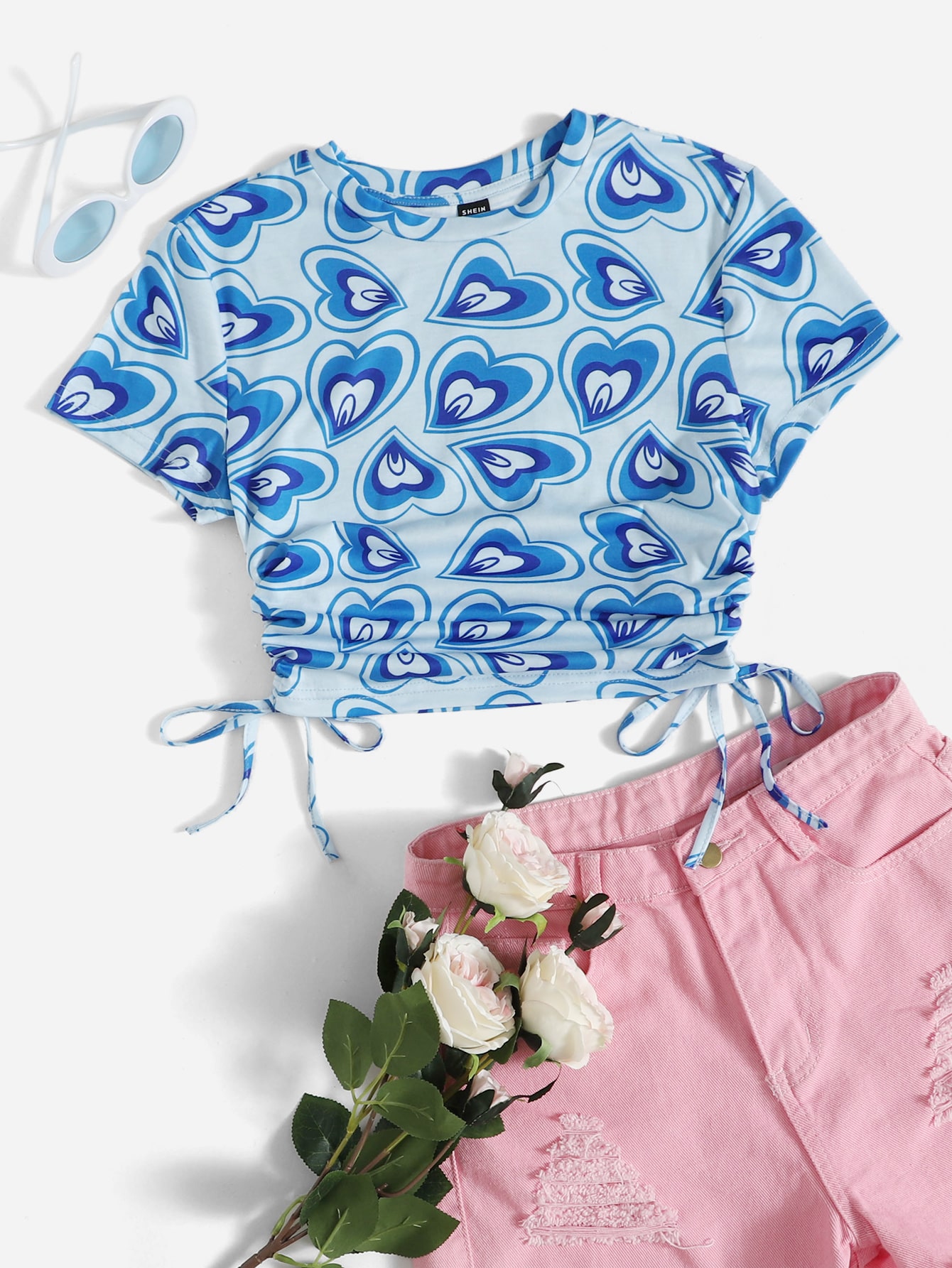 SHEIN Qutie 90s Ruched Drawstring Side Heart Top | SHEIN USA