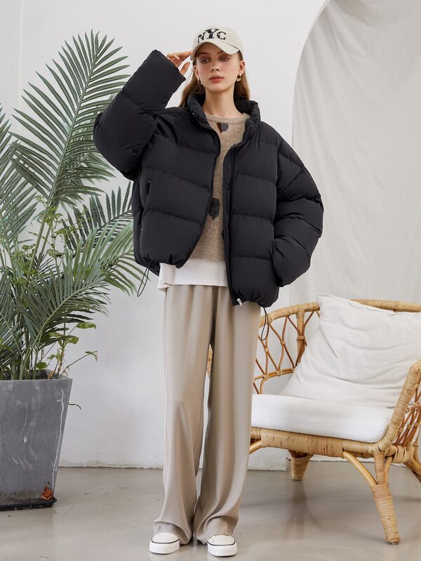 DAZY Kpop Slant Pocket Drop Shoulder Zipper Puffer Thick Pockets Coat ...