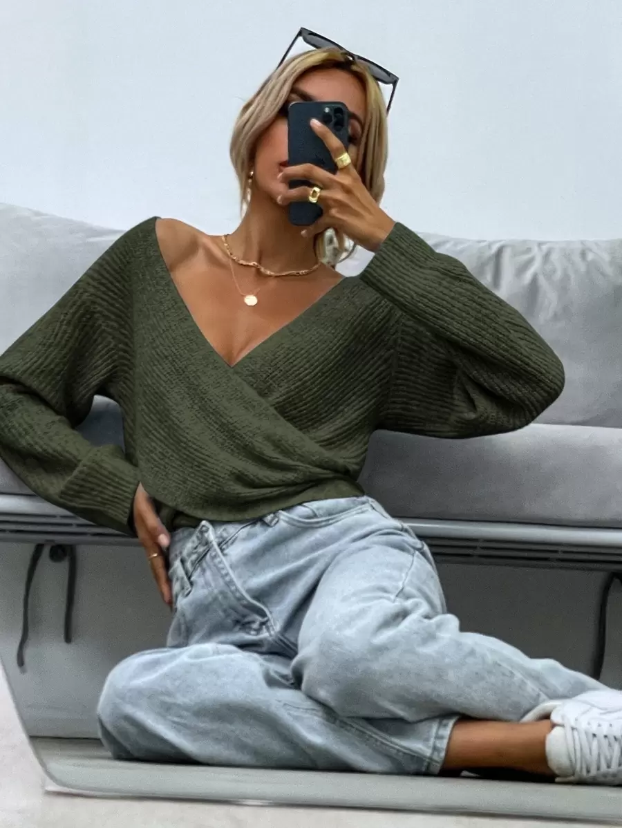 Overlap Collar Heathered Knit Sweater | SHEIN EUR