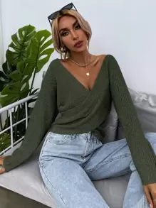 Overlap Collar Heathered Knit Sweater | SHEIN EUR
