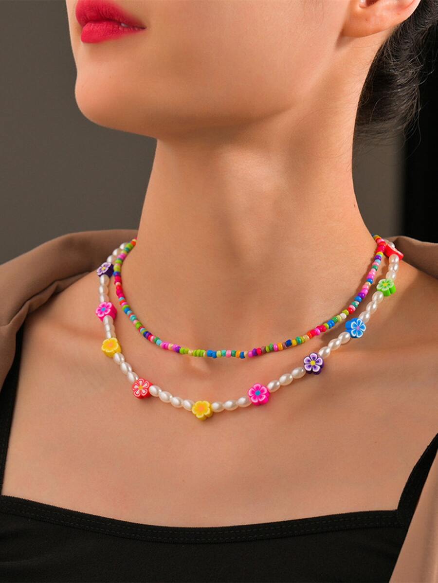 2pcs Beaded Necklace | SHEIN USA
