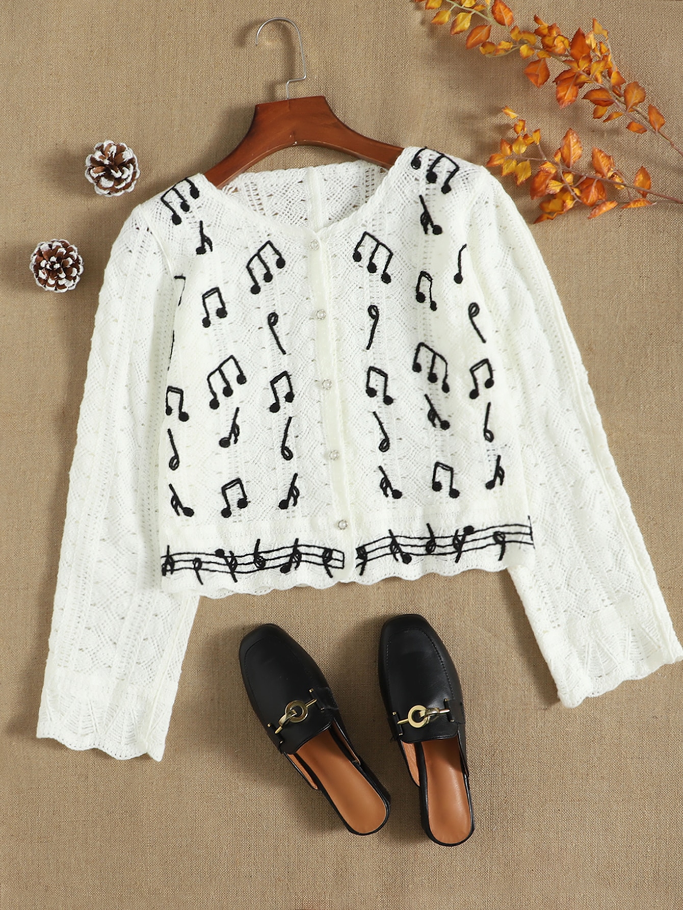 SHEIN Music Note Embroidery Scallop Trim Cardigan