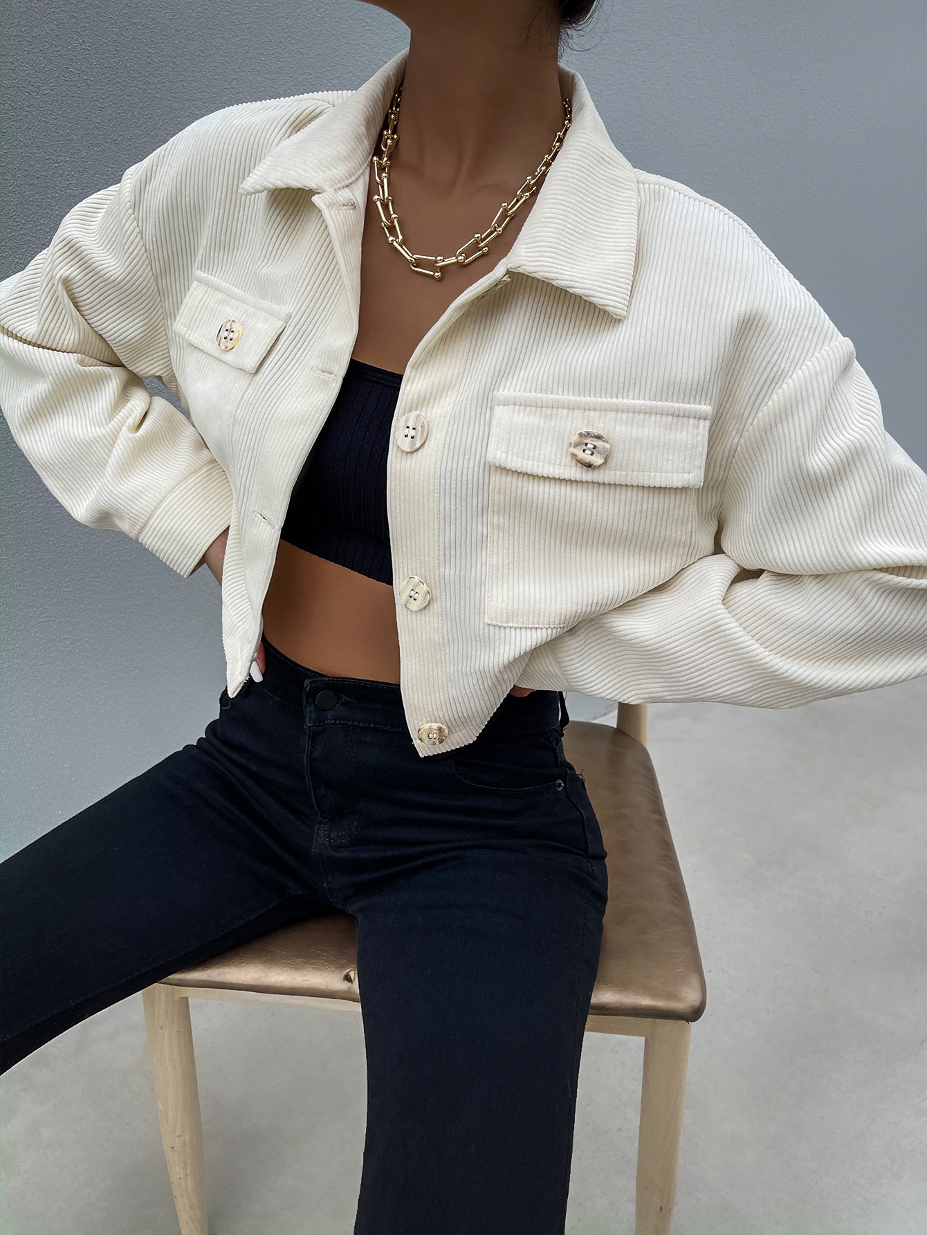 Flap Pocket Drop Shoulder Cord Jacket | SHEIN USA