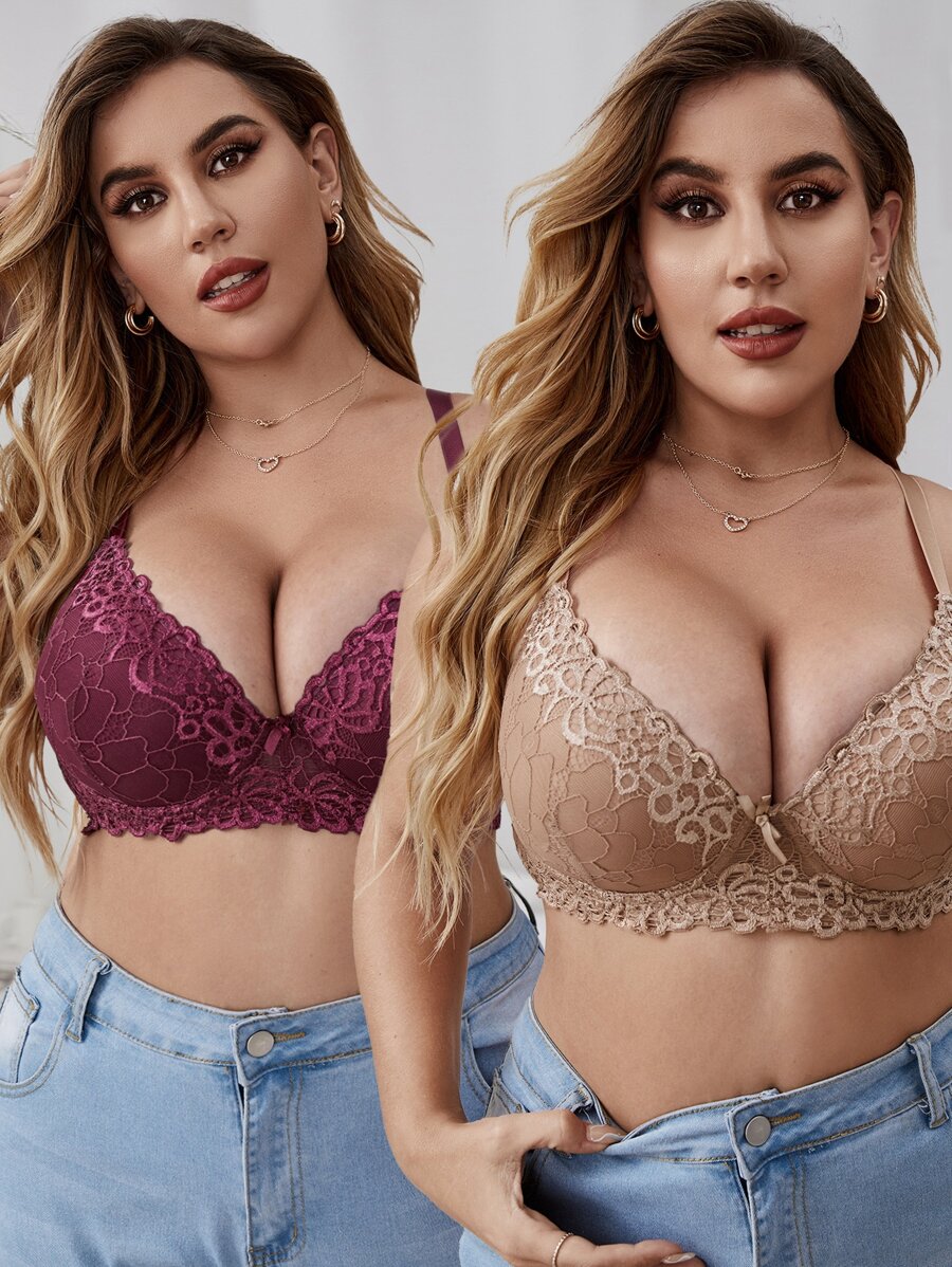 2pack Plus Floral Lace Underwire Bra Set Shein Usa