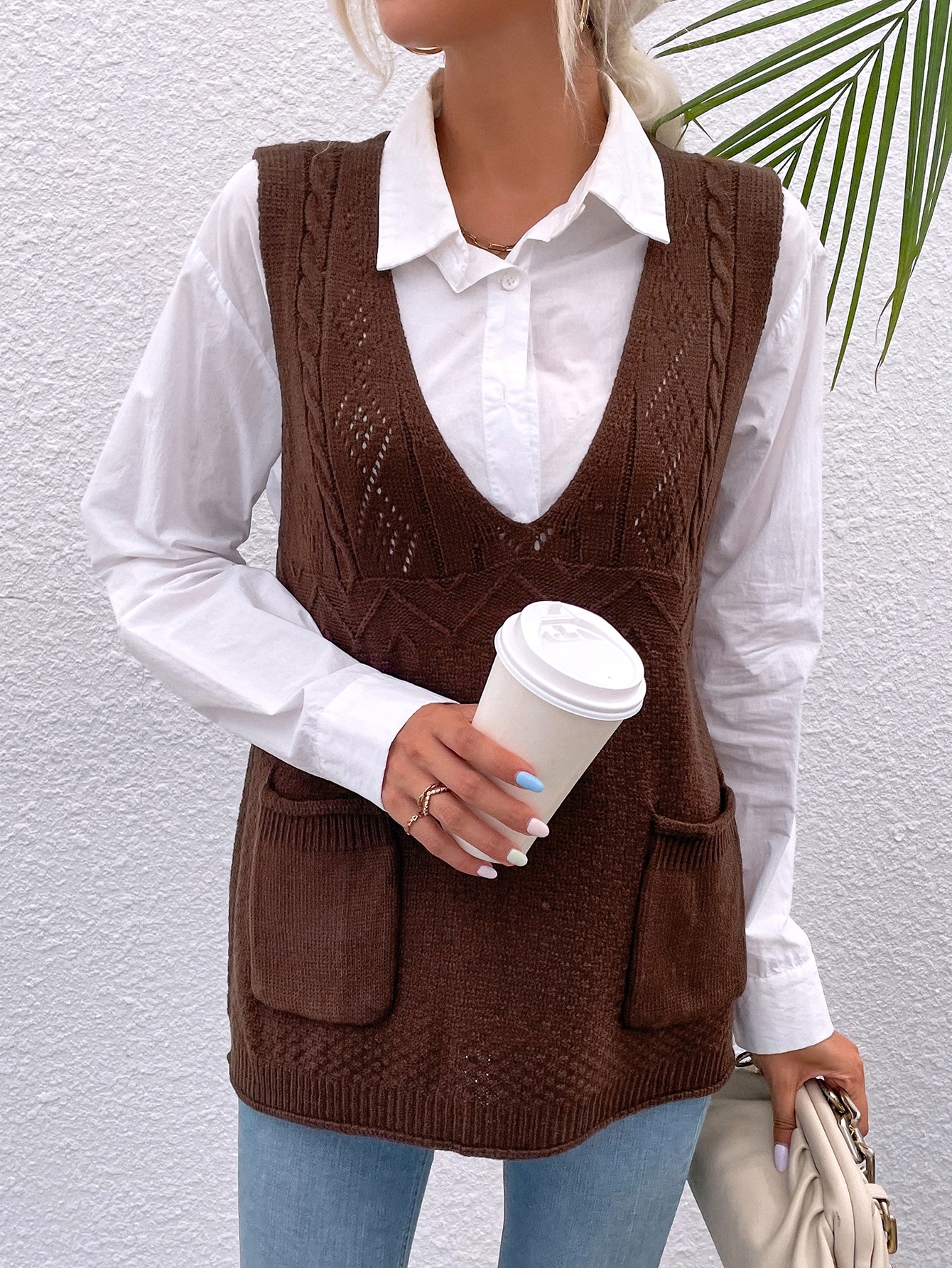 Solid Dual Pocket Sweater Vest Without Blouse | SHEIN USA