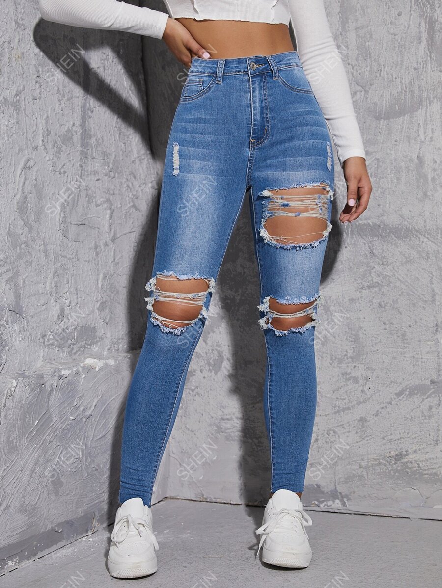 Shein Essnce High Waist Ripped Cut Out Skinny Jeans Shein Usa