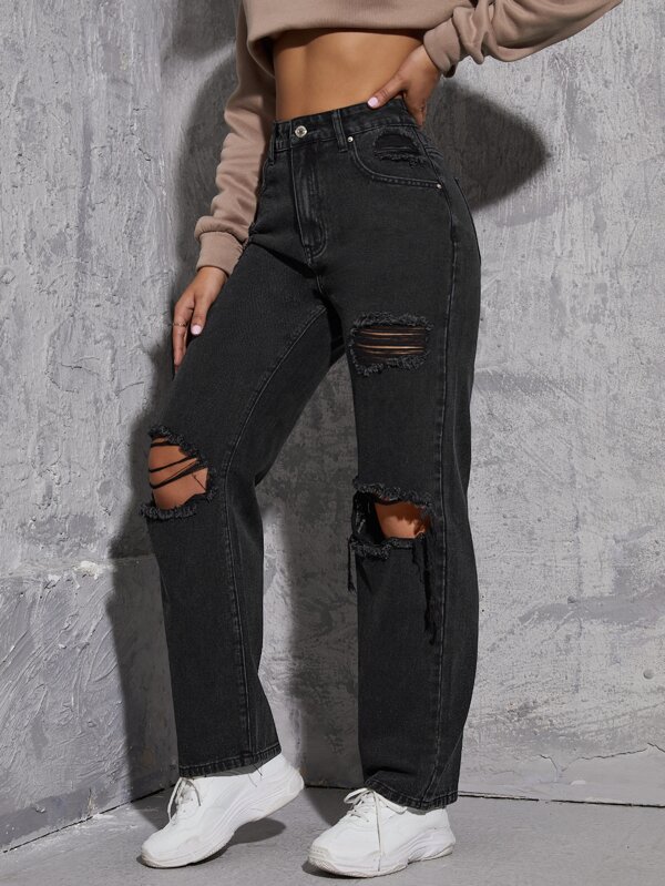 SHEIN High Waist Ripped Straight Leg Jeans | SHEIN USA