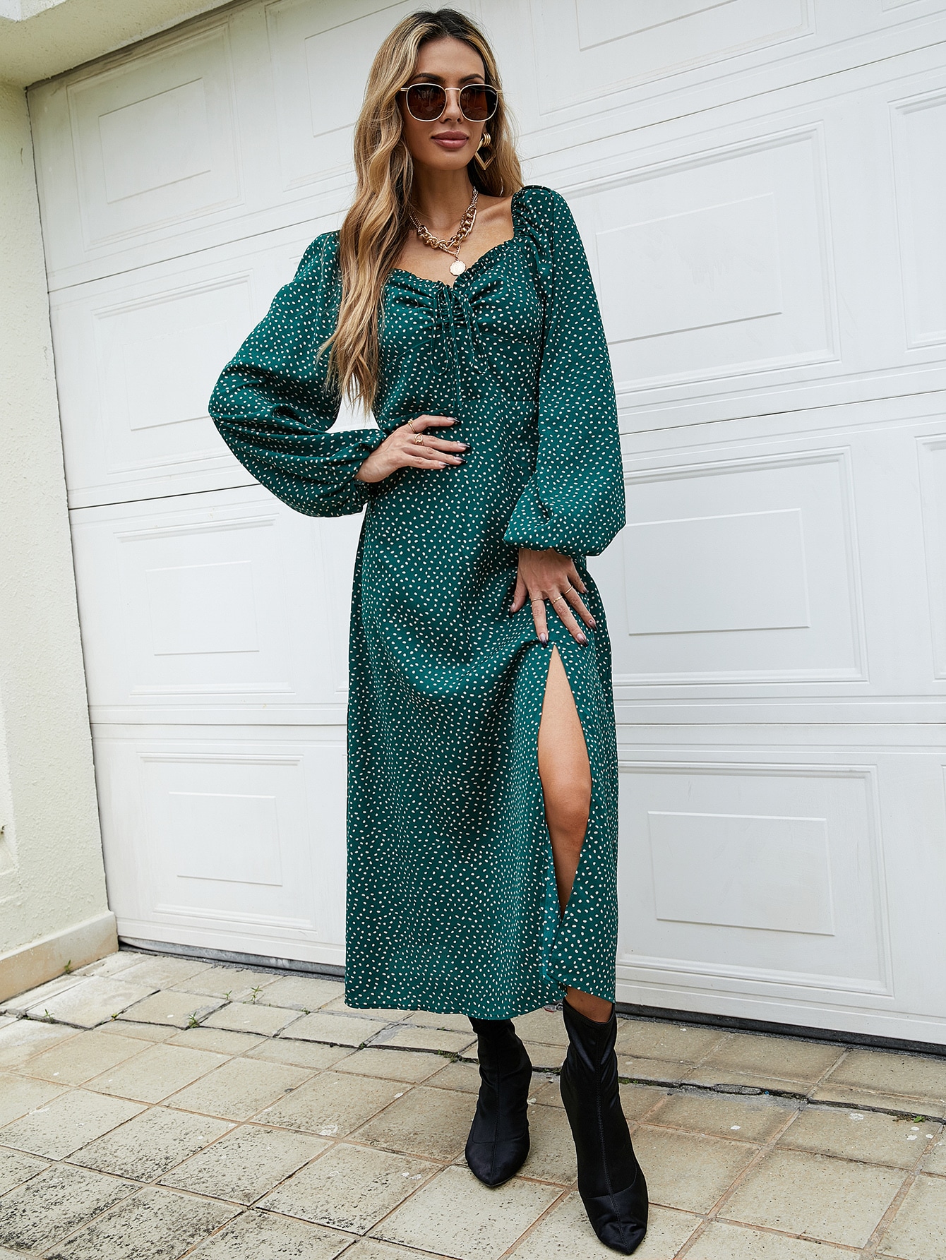 Allover Print Frill Trim Drawstring Front Split Thigh Dress