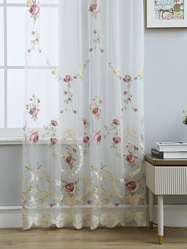 Flower Embroidery Single Panel Sheer Curtain | SHEIN USA