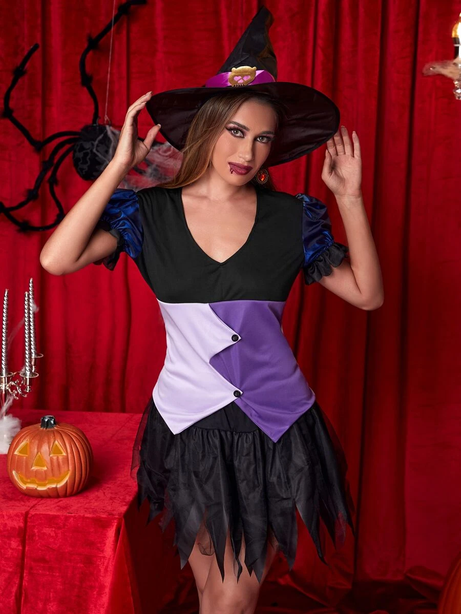 4pack Colorblock Halloween Witch Costume Set With Hat | SHEIN USA