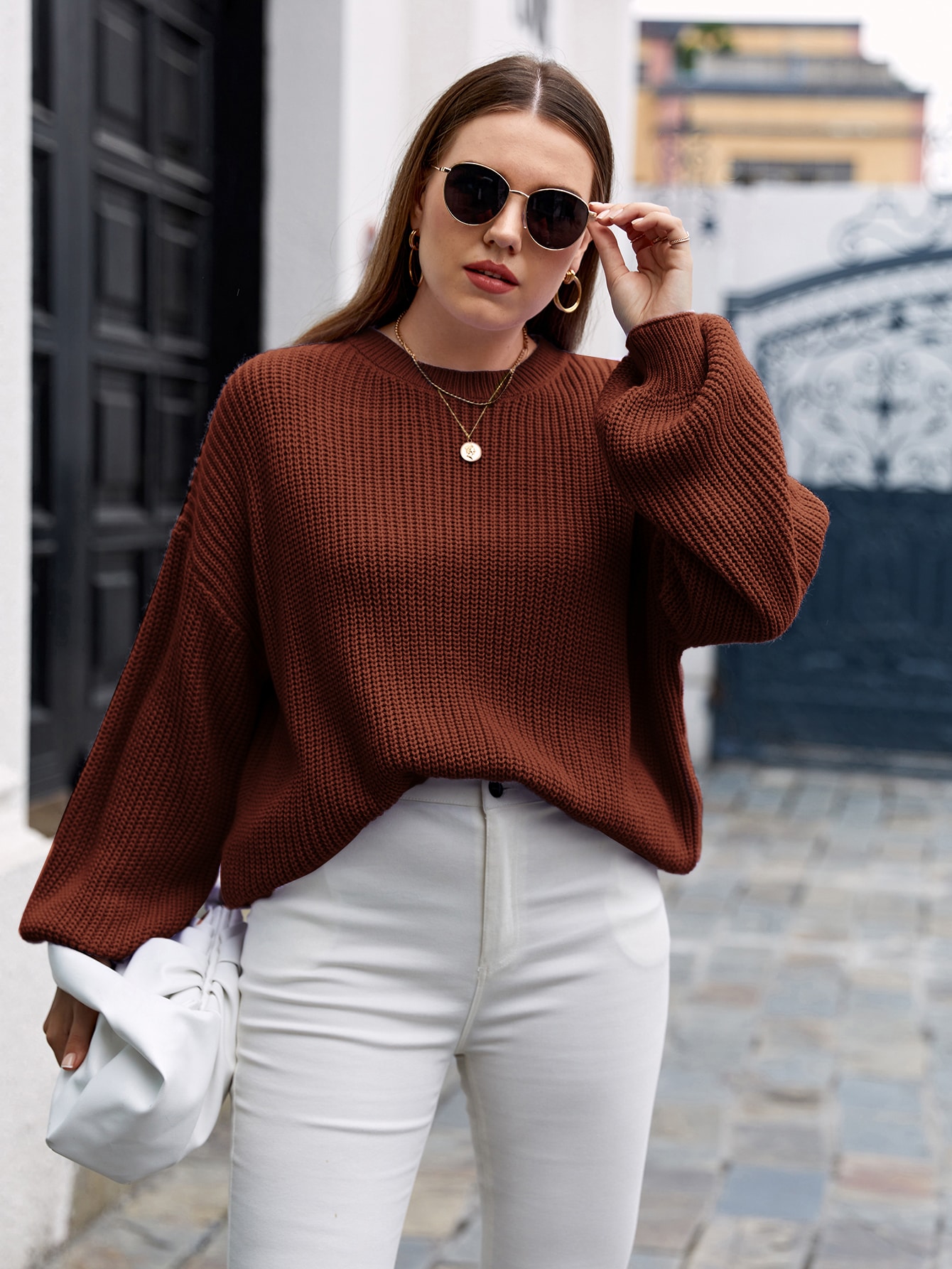 Plus Ribbed Knit Drop Shoulder Sweater