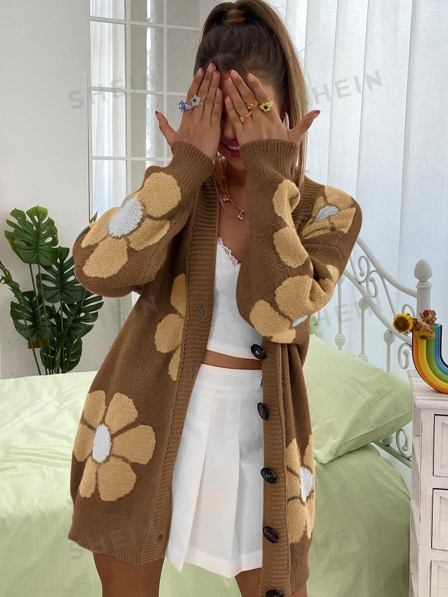 SHEIN Qutie Floral Pattern Drop Shoulder Cardigan | SHEIN
