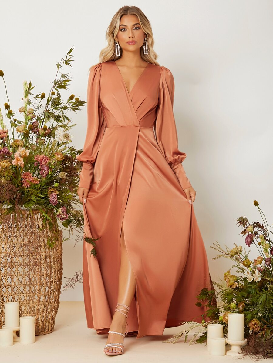 SHEIN Belle Lantern Sleeve Surplice Neck Wrap Hem Dress Elegant Long ...