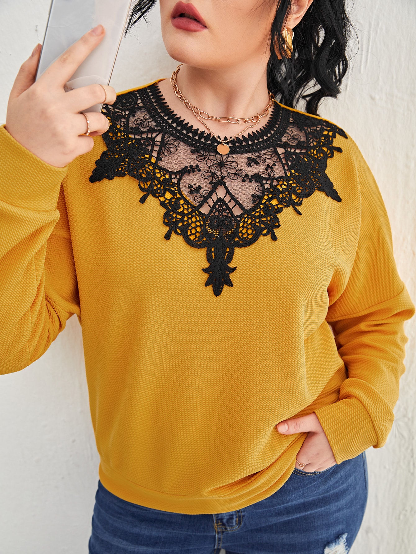 Plus Guipure Lace Insert Drop Shoulder Sweatshirt