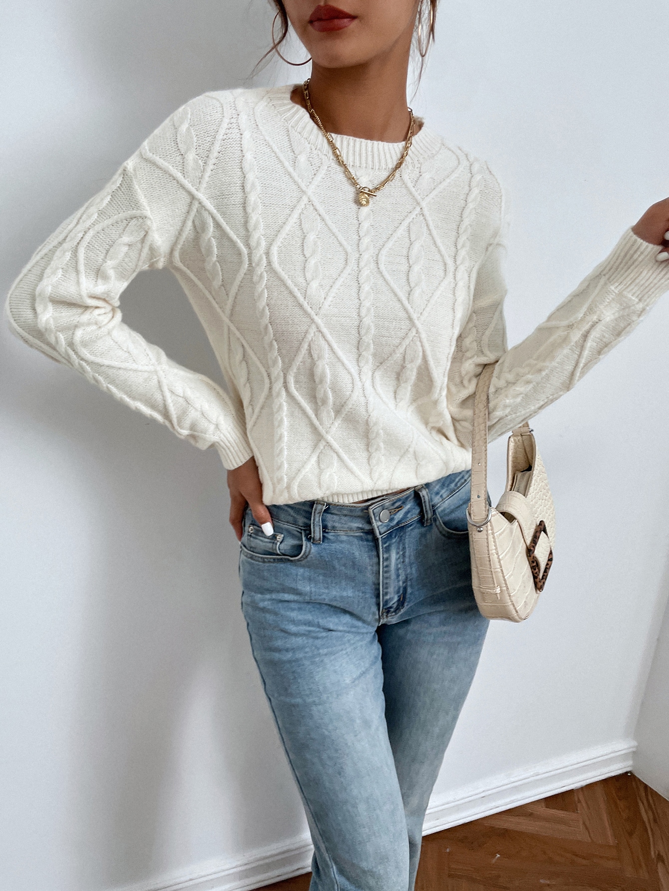 SHEIN LUNE Argyle Pattern Cable Knit Jumper | SHEIN UK