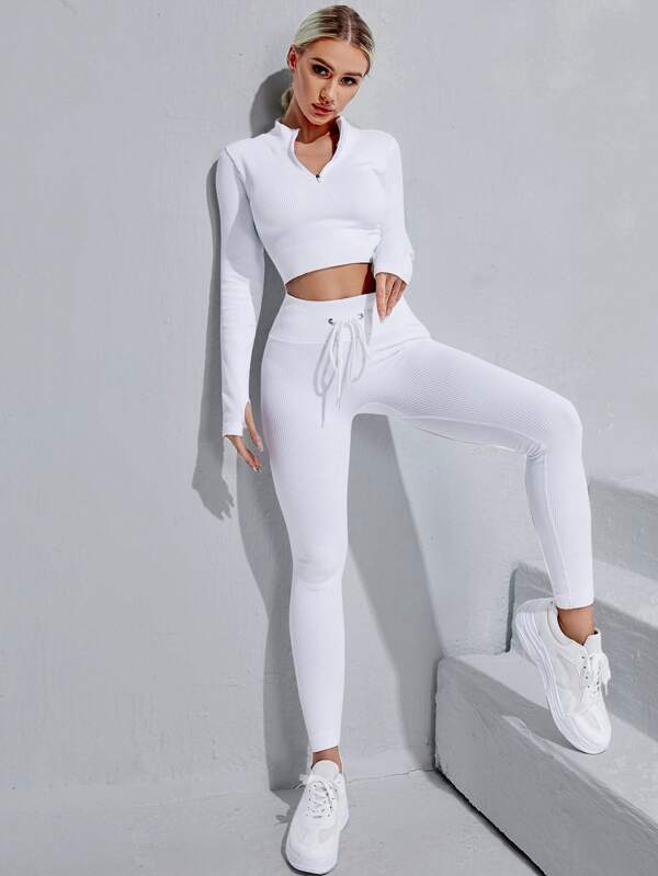 Yoga Basic 2pcs Seamless Running Set Work Out Suit Zipper Half Placket ...