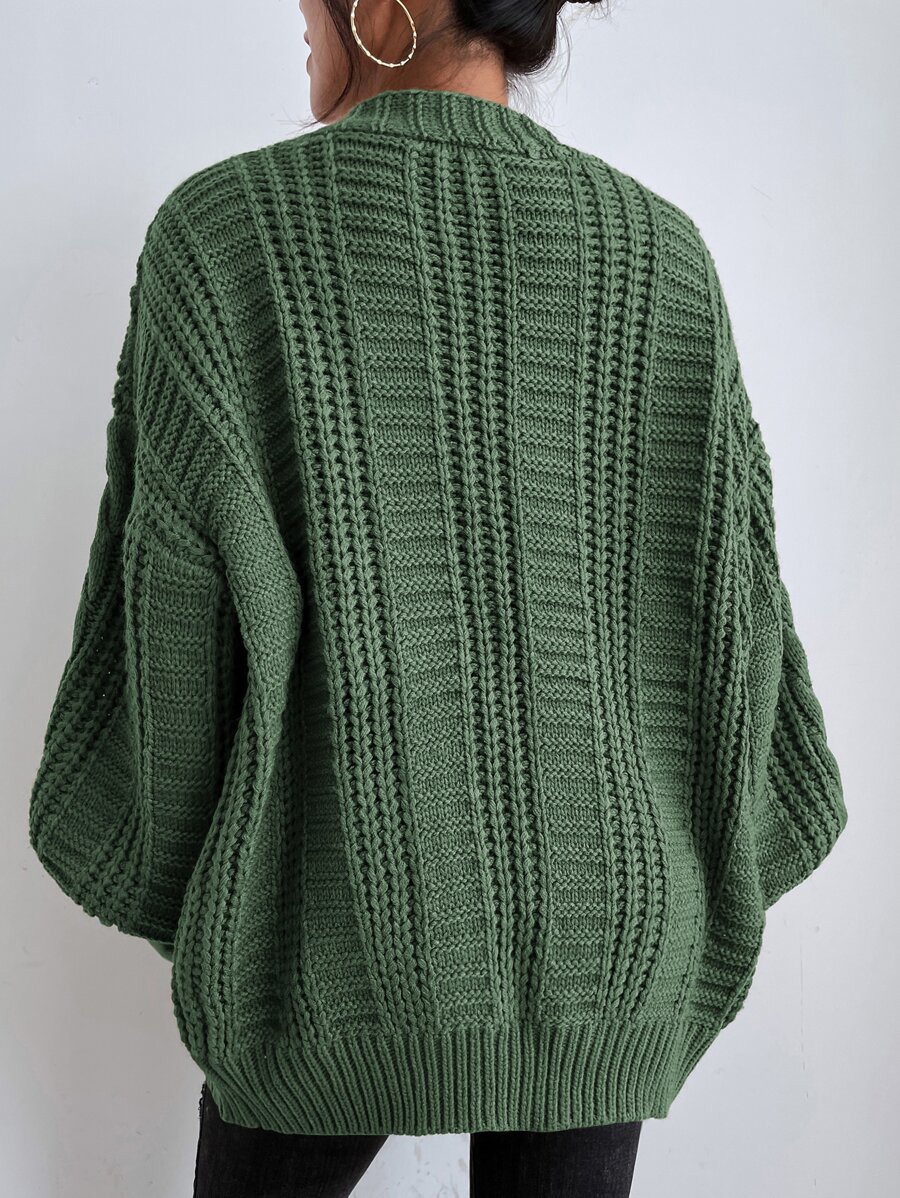Shein Relaxiva Solid Button Front Cable Knit Cardigan Long Sleeve Tops