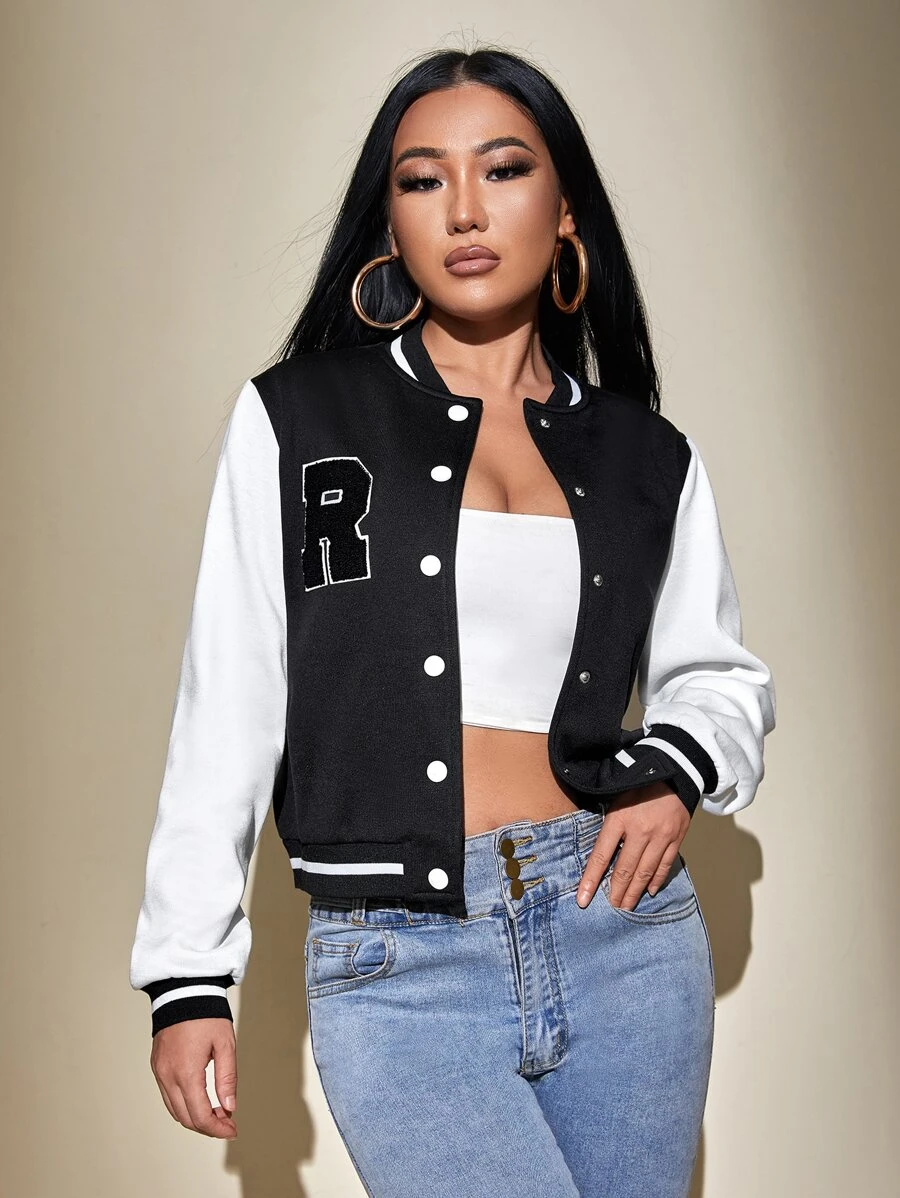 SHEIN PETITE Color Block Snap Button Varsity Jacket | SHEIN Singapore