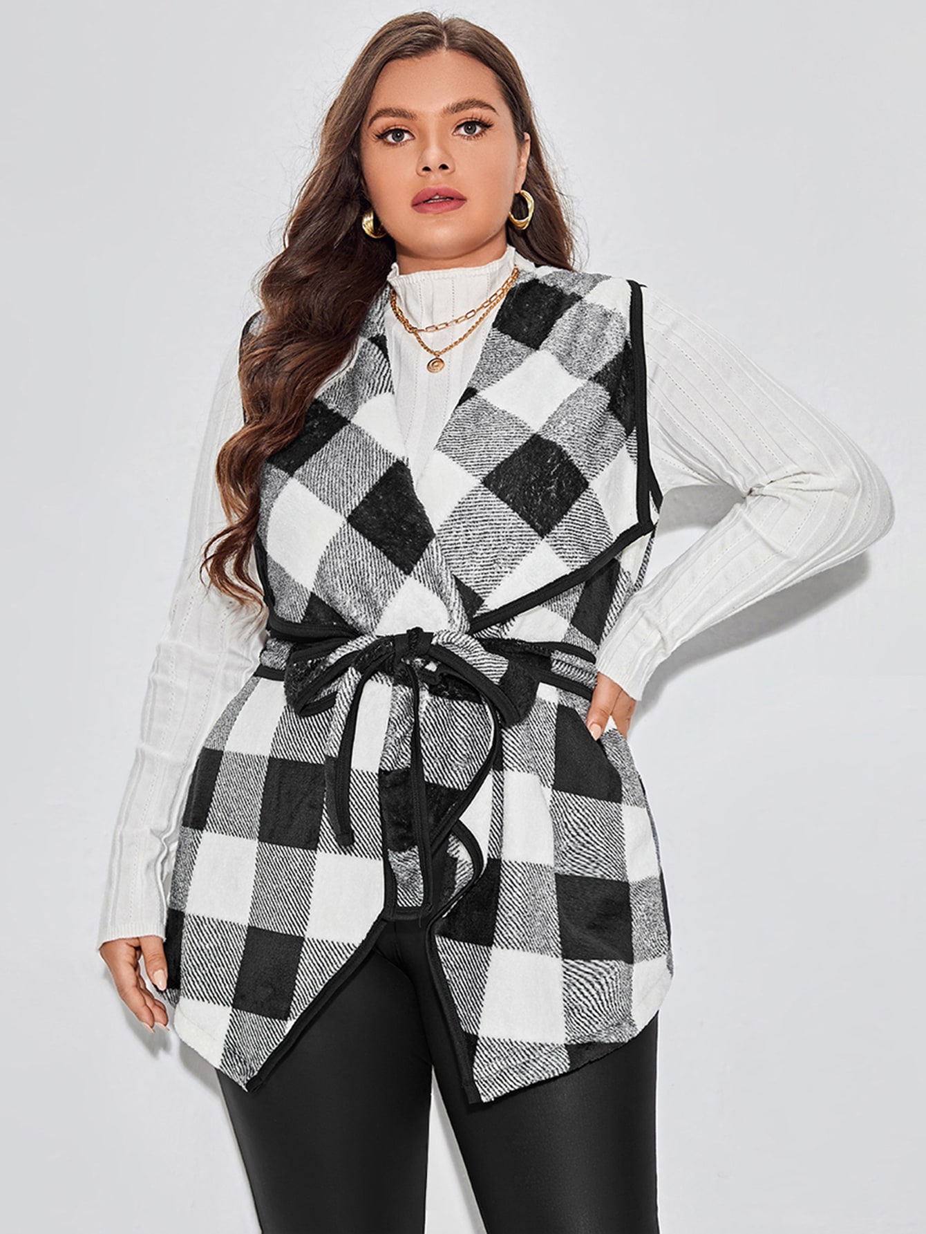 Plus Waterfall Collar Buffalo Plaid Belted Flannel Vest Coat