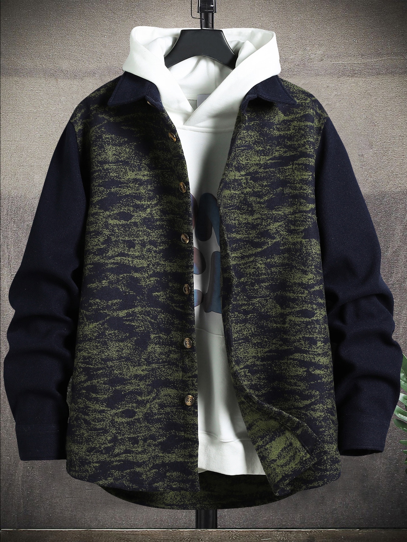 Men Space Dye Button Front Jacket Without Hoodie