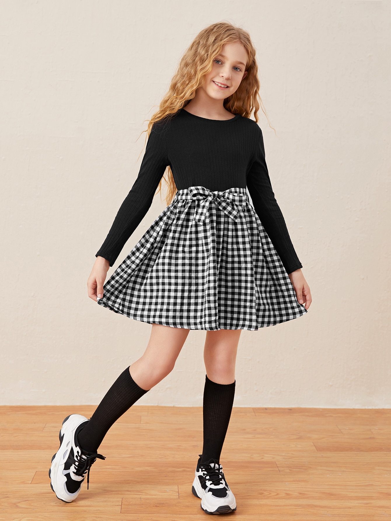 SHEIN Kids FANZEY Girls Rib-knit Belted Buffalo Plaid Dress | SHEIN USA