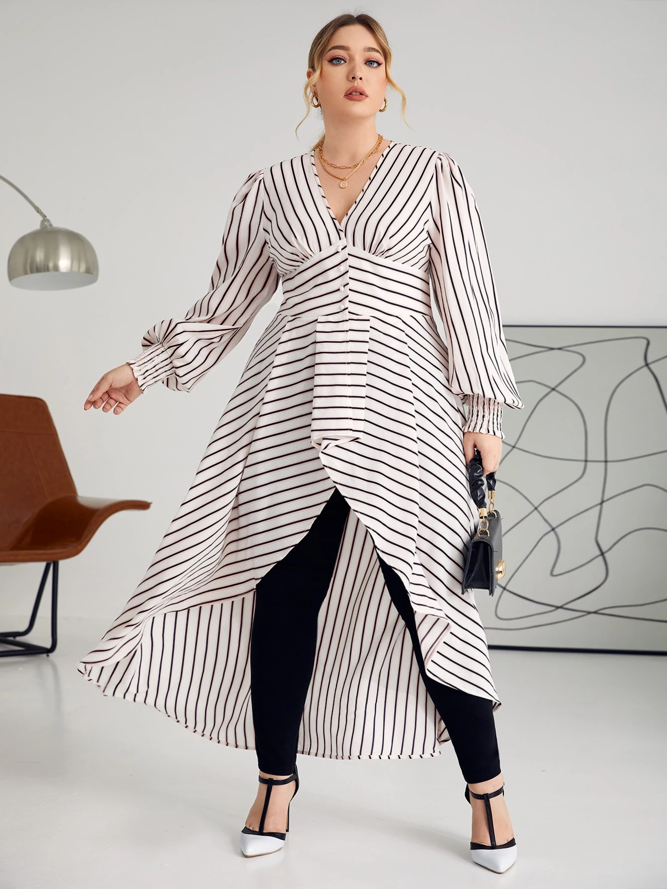 SHEIN Clasi Plus Striped Lantern Sleeve High Low Hem Longline Blouse ...