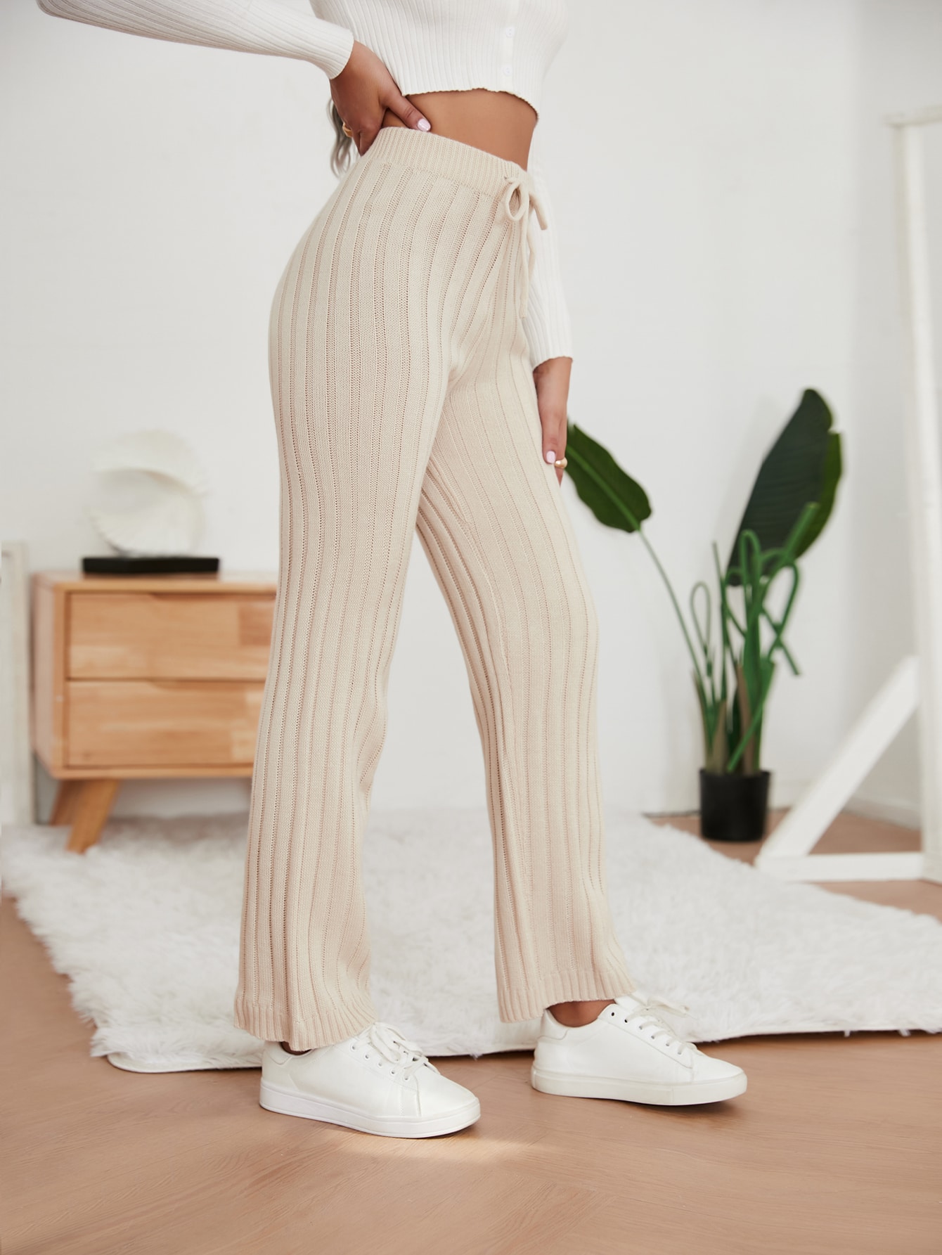 Solid Drawstring Waist Knit Pants