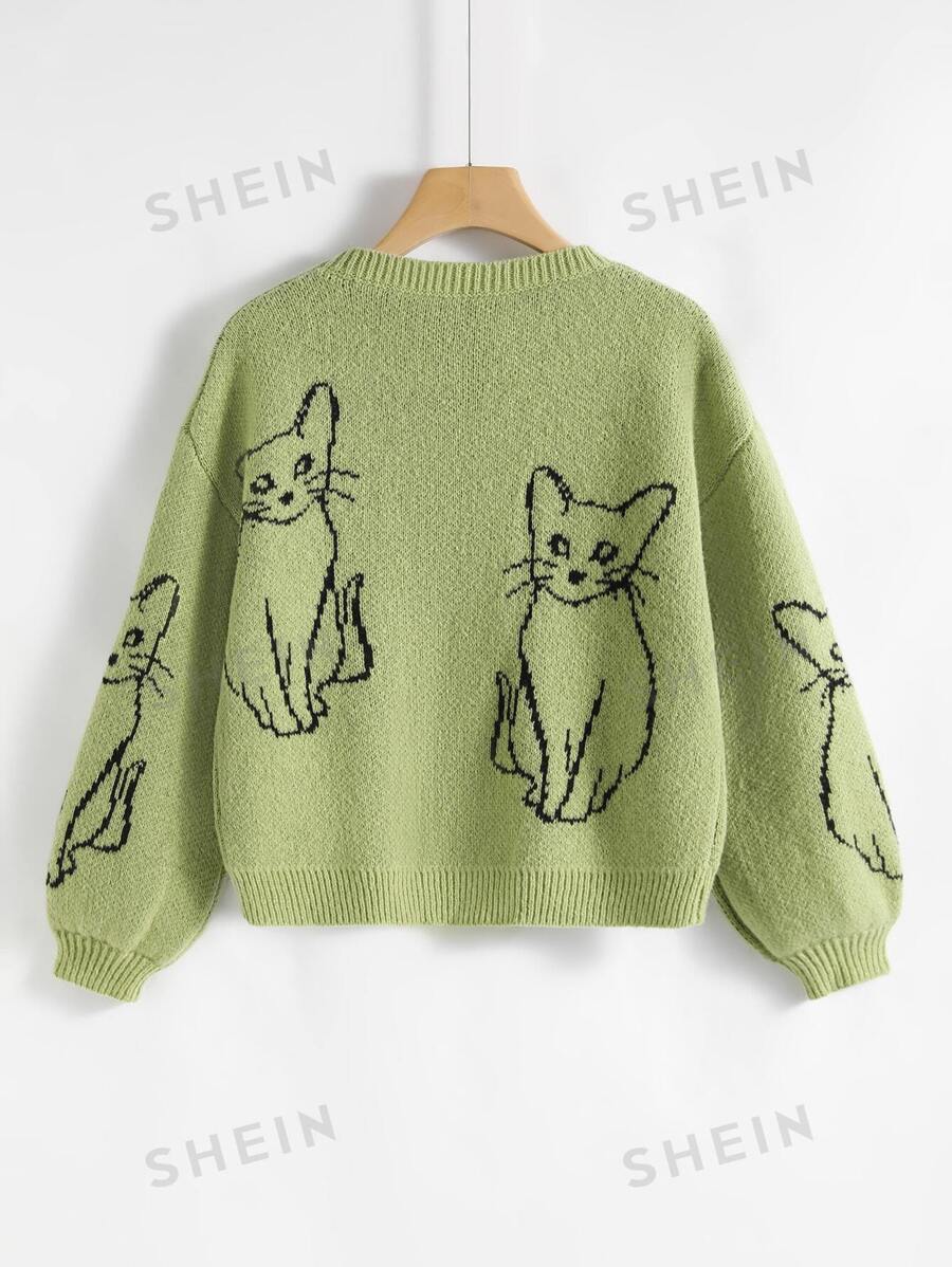 SHEIN Qutie Cat Pattern Drop Shoulder Jumper | SHEIN UK