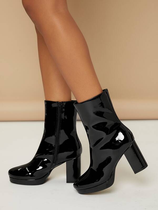 Notched Zip-Up Block Heel Booties | SHEIN USA