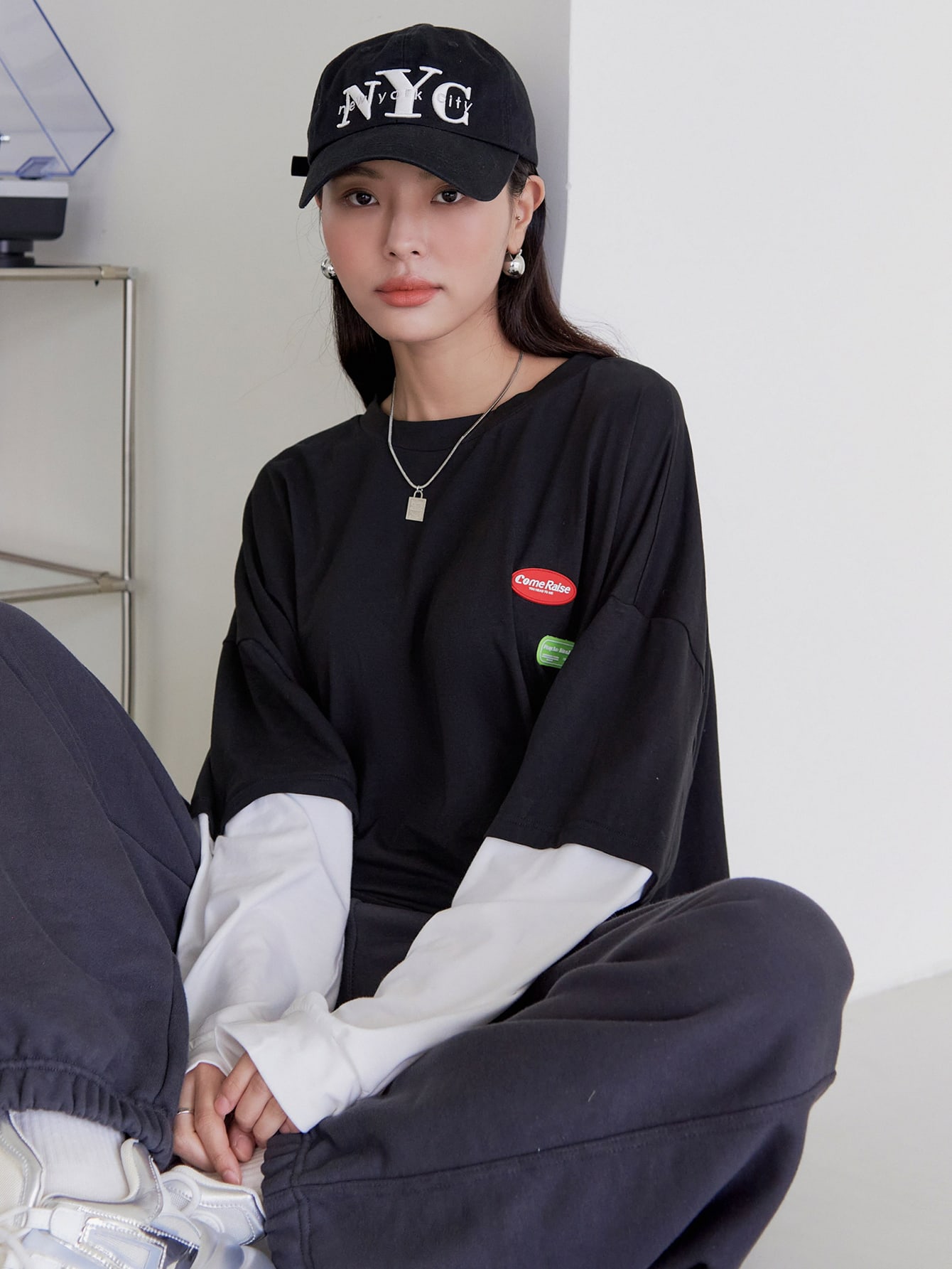 DAZY Patch Detail Drop Shoulder 2 In 1 Tee