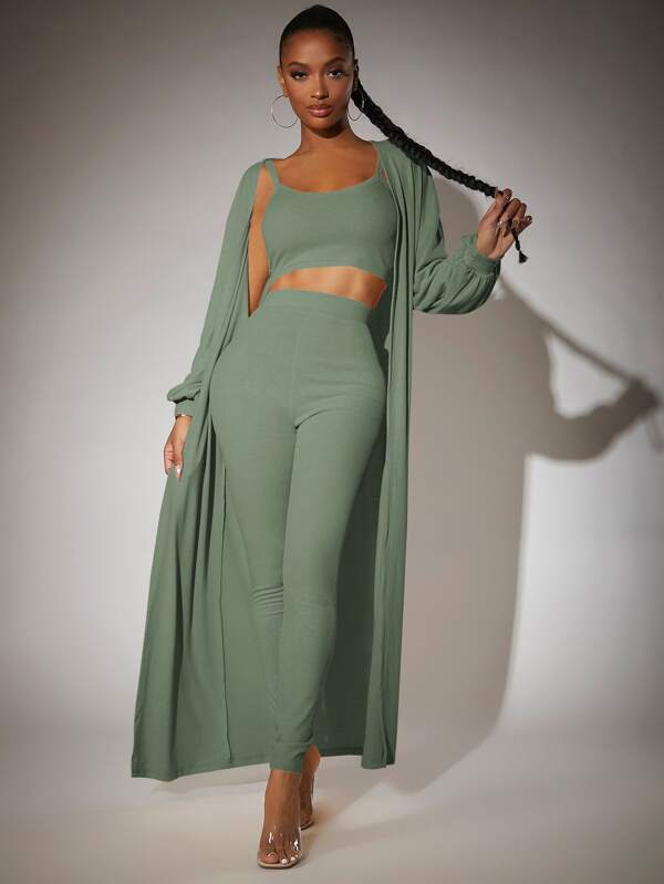 Shein Sxy Solid Cami Top And Leggings Set With Coat Shein Usa