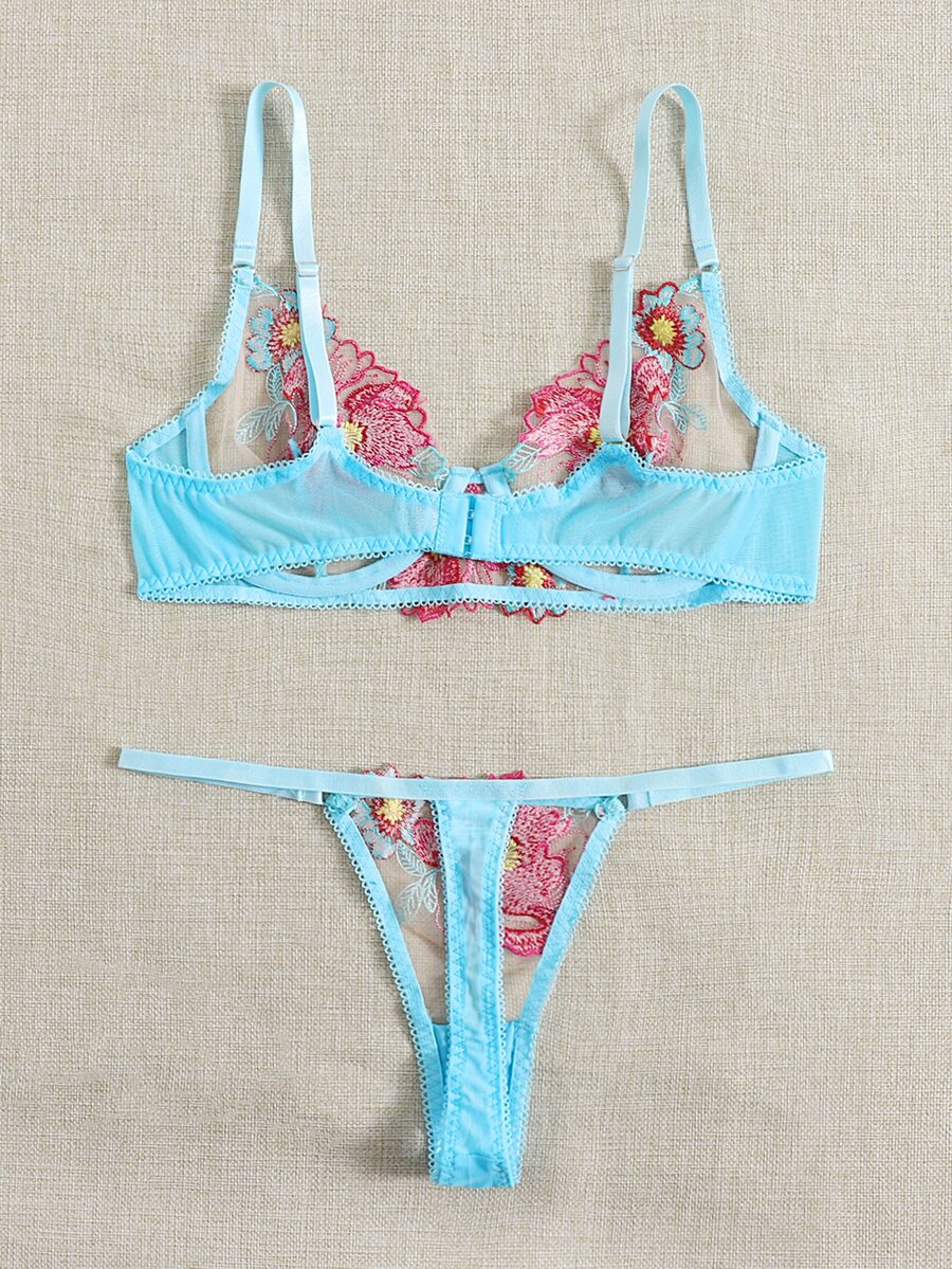 Floral Embroidery Mesh Underwire Lingerie Set Shein