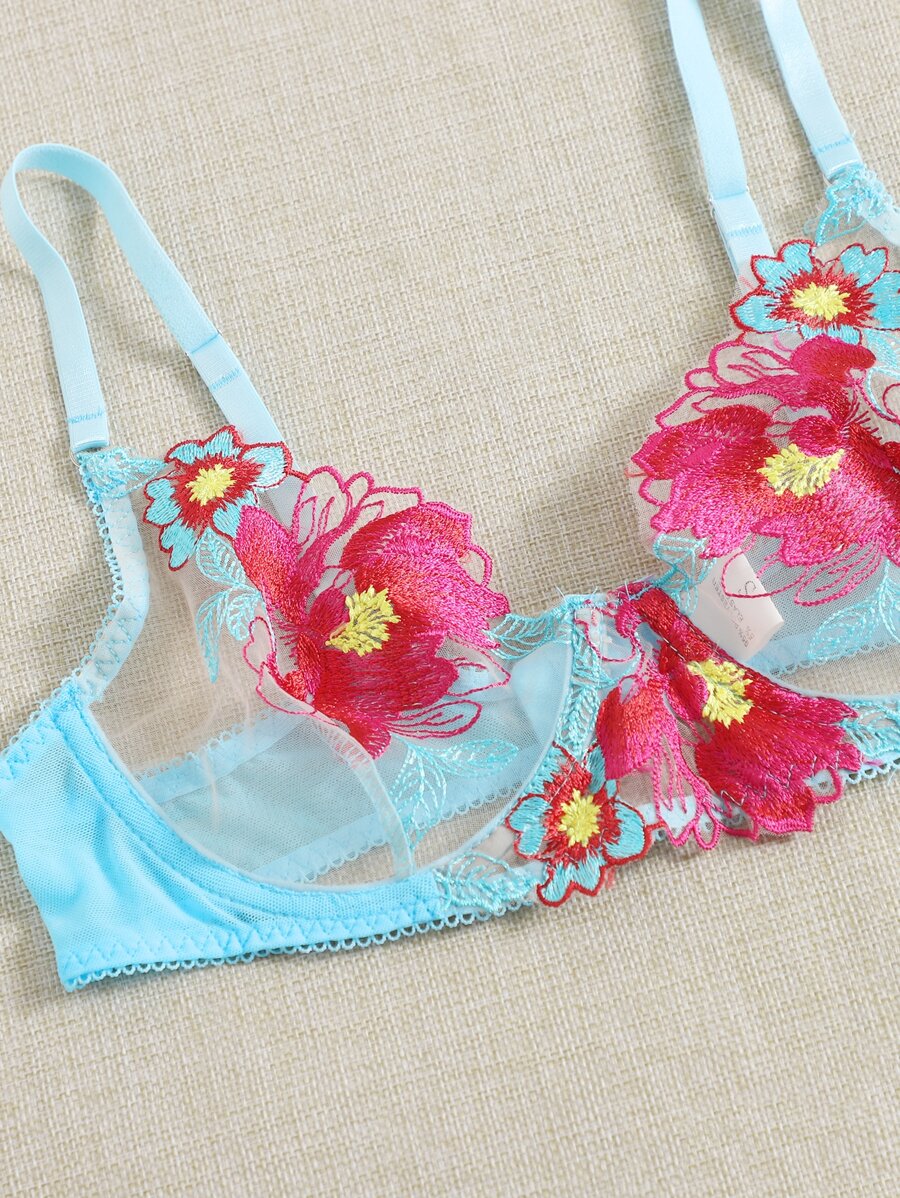 Floral Embroidery Mesh Underwire Lingerie Set Shein
