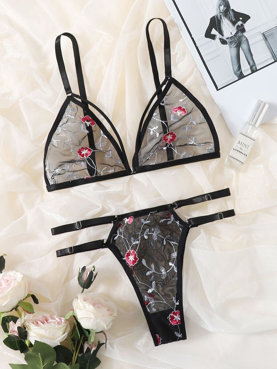 Floral Embroidered Sheer Mesh Cut-out Lingerie Set | SHEIN USA